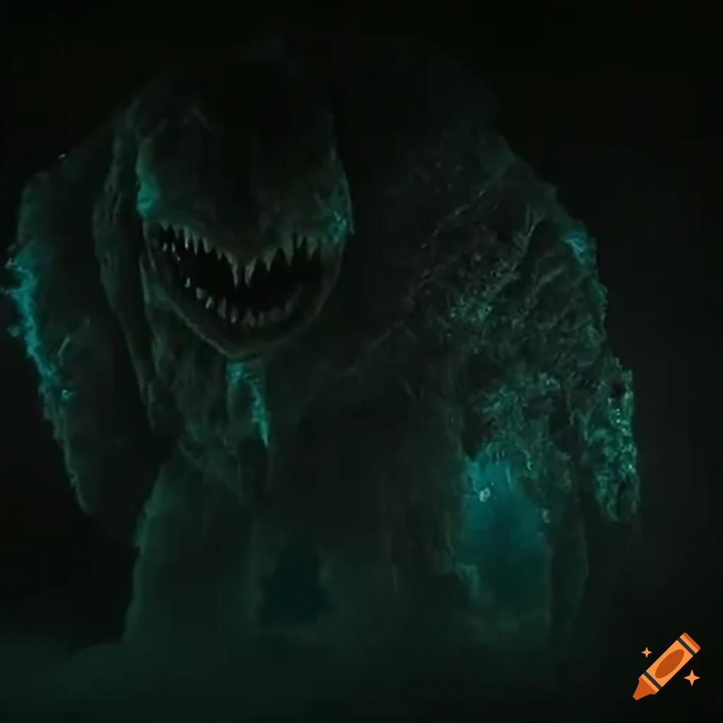 Creepy snow golem monster with glowing eyes in a horror scene on Craiyon