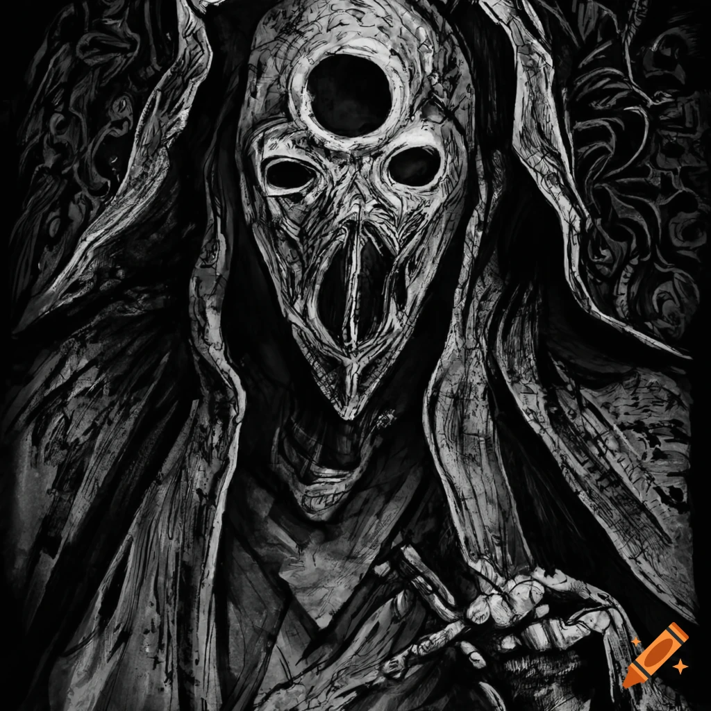 Detailed ink drawing of a clothed menacing figure in medieval fantasy ...