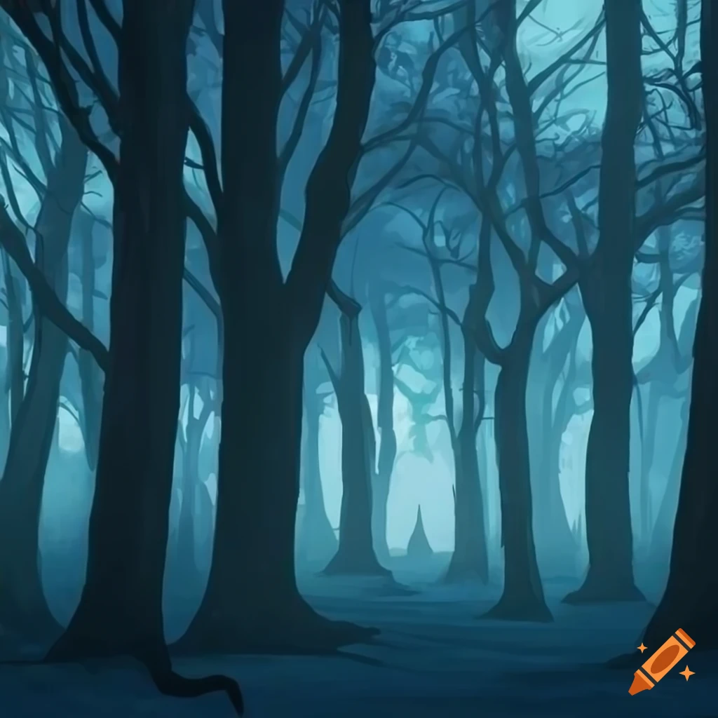 Side view of a blue oak forest in witcher style, treetops in the ...