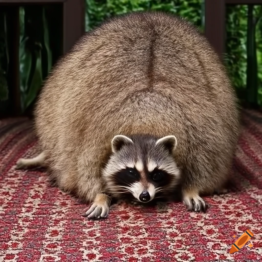 Chubby raccoon with a round belly resting on a carpet on Craiyon