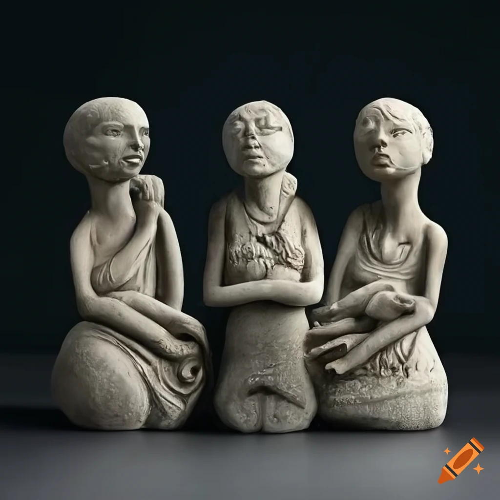 Organic human sculpture stone statues of a family in a dark surrounding ...