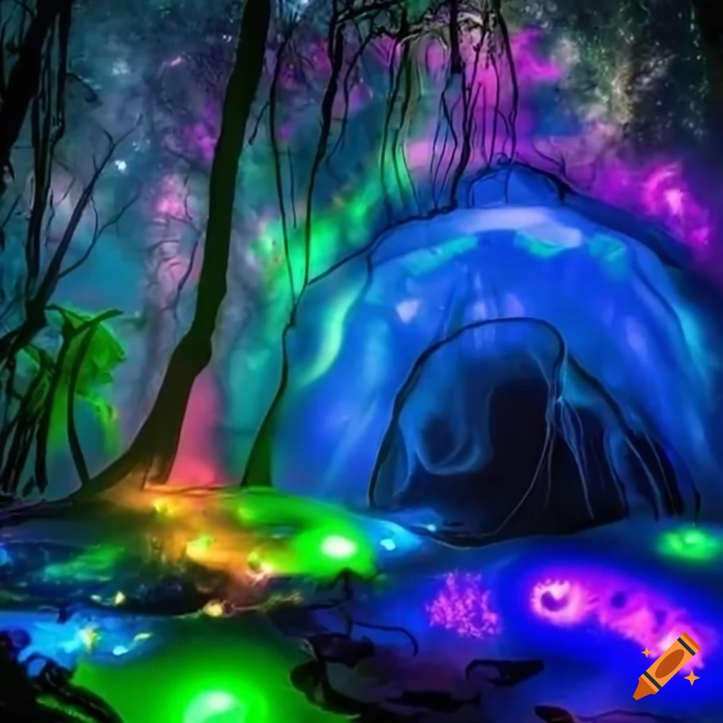 Alien Planet with glowing rivers, mystical statues, and purple plants ...