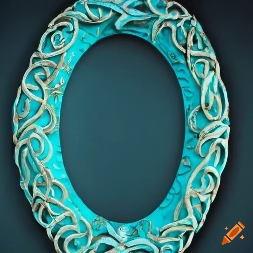 Turquoise oval frames with fish sculpture backdrop wall on Craiyon