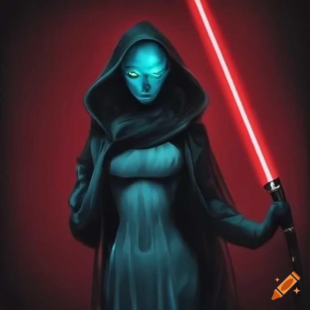 Woman with black hood and turquoise eyes holding a red lightsaber on ...