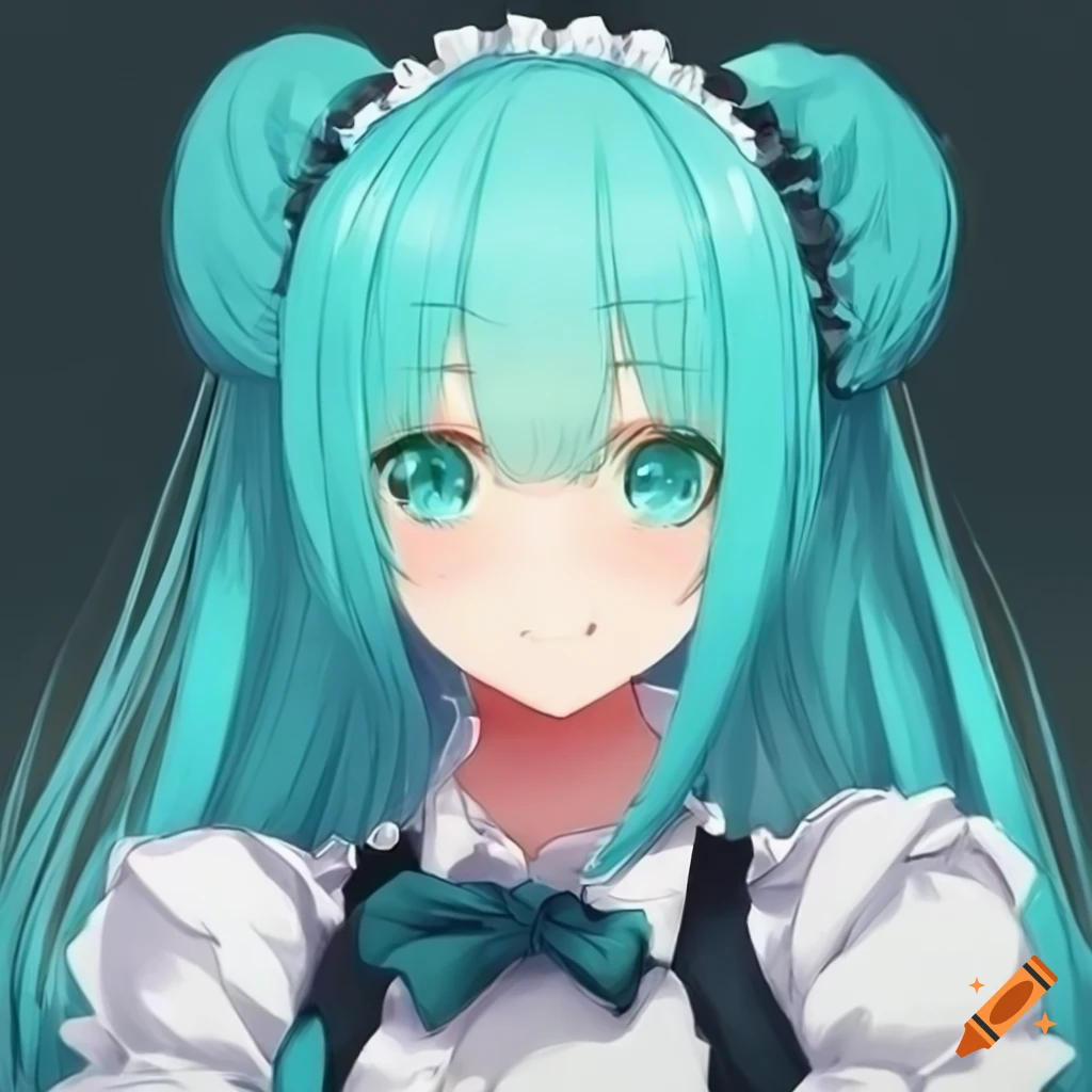 Woman with cyan eyes and turquoise hair in anime maid dress style on ...