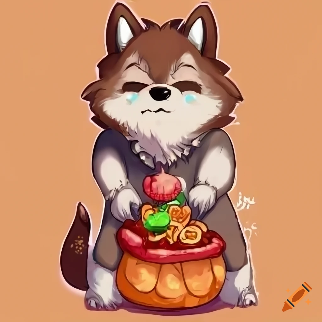 Chubby brown wolf enjoying a feast of fruit and ice cream in anime ...