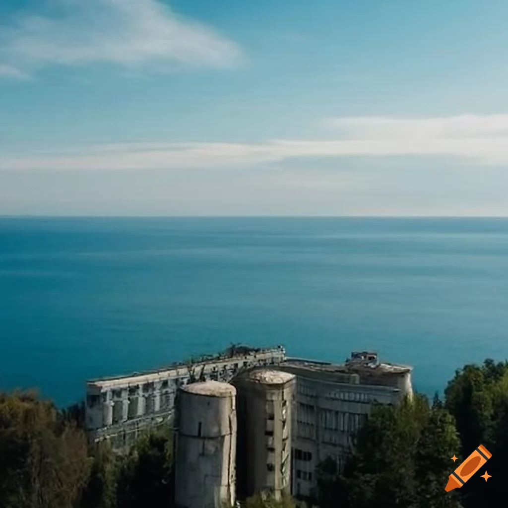 View from a hill in Crimea, Yalta, with trees, sea, embankment, liner ...
