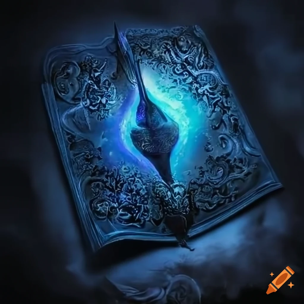 Fantasy magic tome book with blue glow on black background on Craiyon