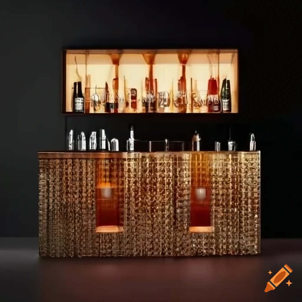 Bar counter with see through square racks under counter on Craiyon