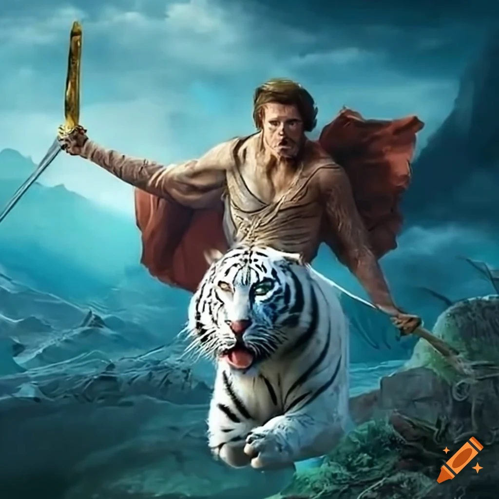 Willem dafoe riding a flying white tiger with the sword of olympus on ...