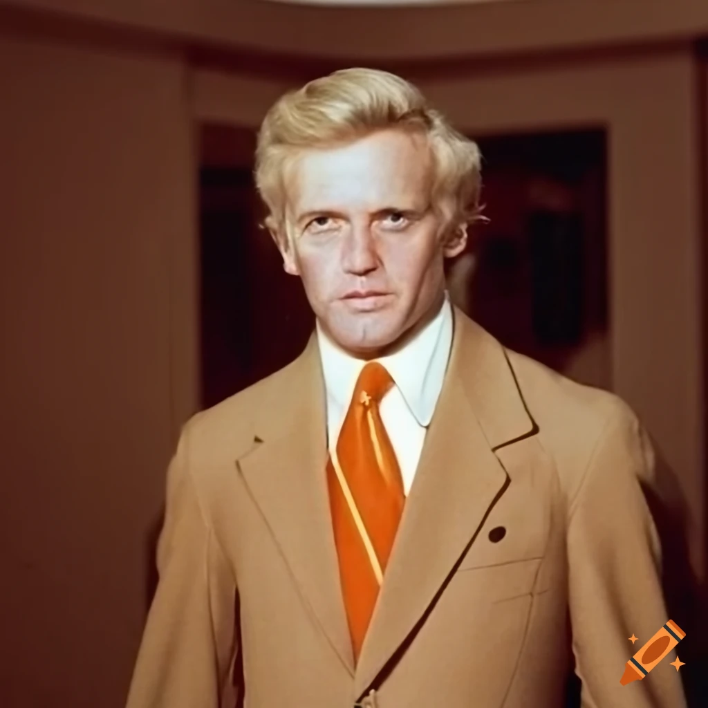 Blonde cia agent in tan overcoat and orange tie in 1973 with film grain ...