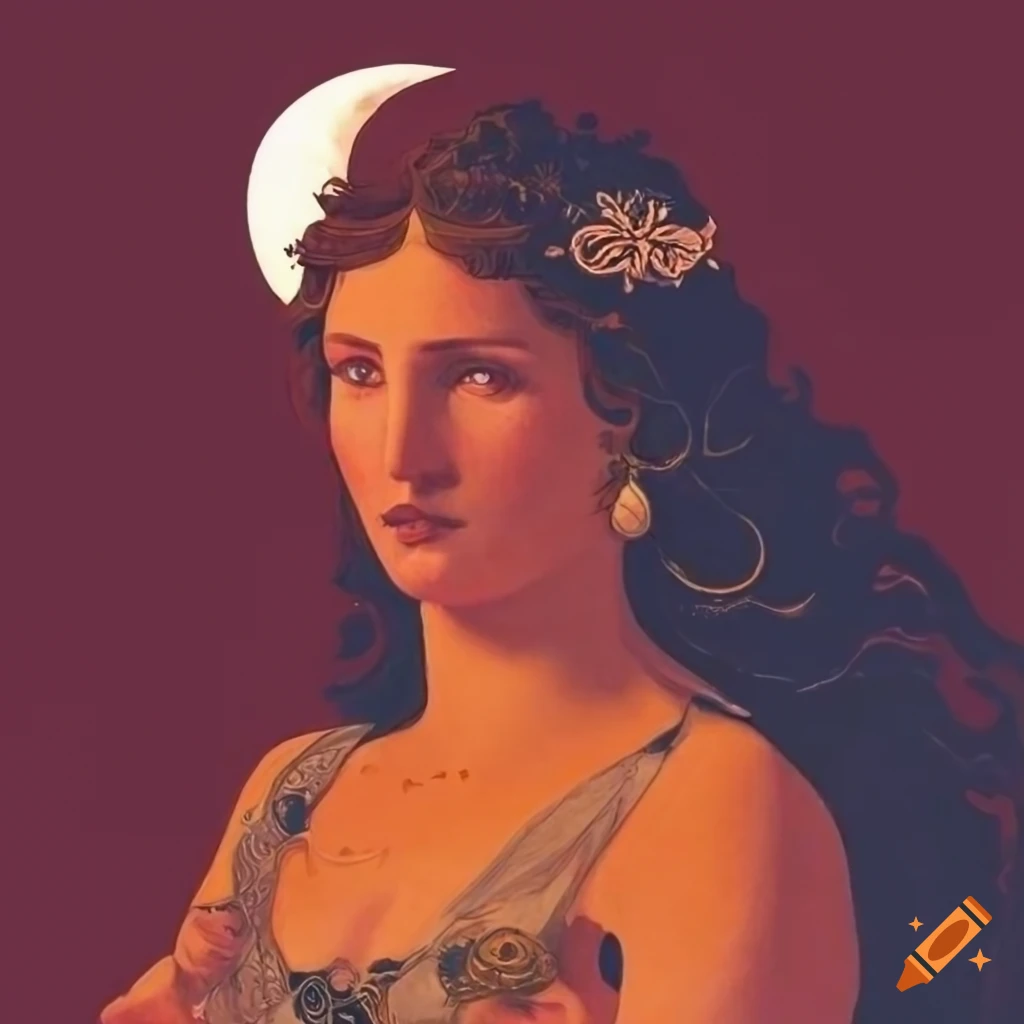 Illustration of Selene, Greek goddess of the moon, on a fiery mountain ...