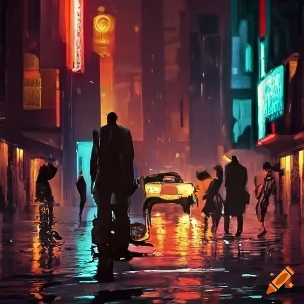 Crowded blade runner style street with night rain on Craiyon