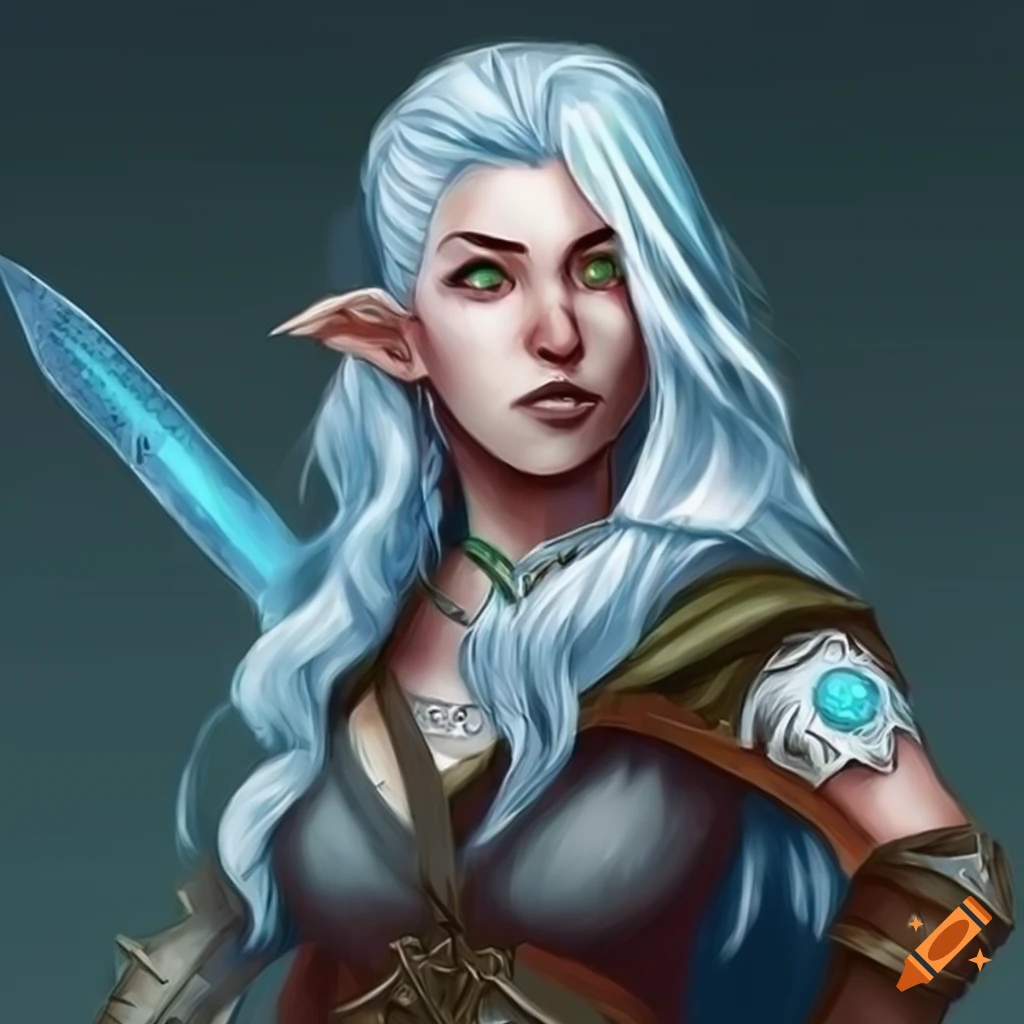 Female half elf bard with ice white hair holding a sword on Craiyon