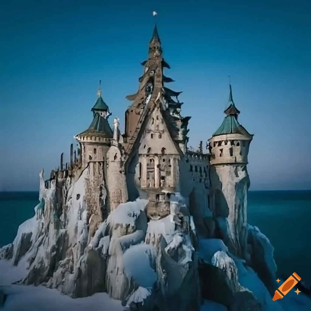 Giant elven baroque fortress near a frozen marine coast with flying ...