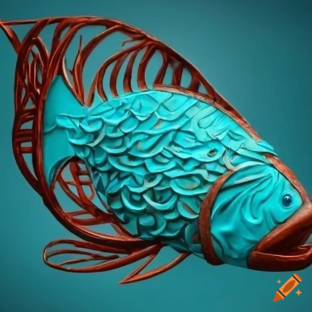 Turquoise sculptured frames interwoven with fish on Craiyon