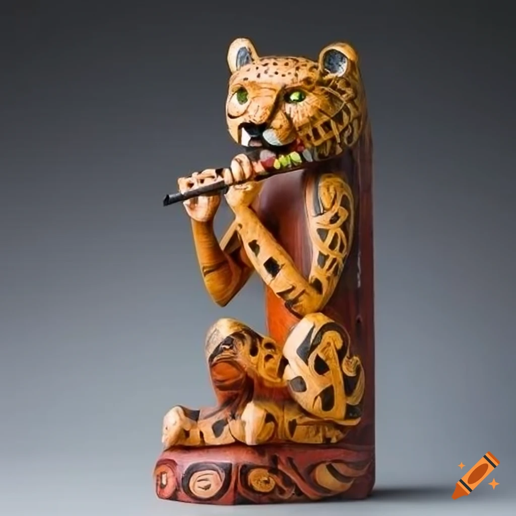 Maori wooden statue of anthropomorphic cheetah with a flute on Craiyon