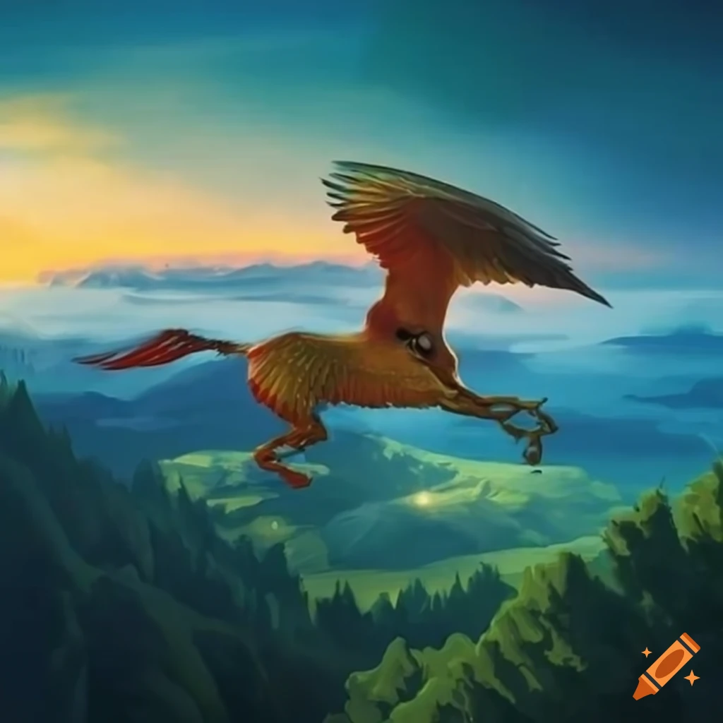 Captain kirk riding a magical winged horse with lush scenery on Craiyon