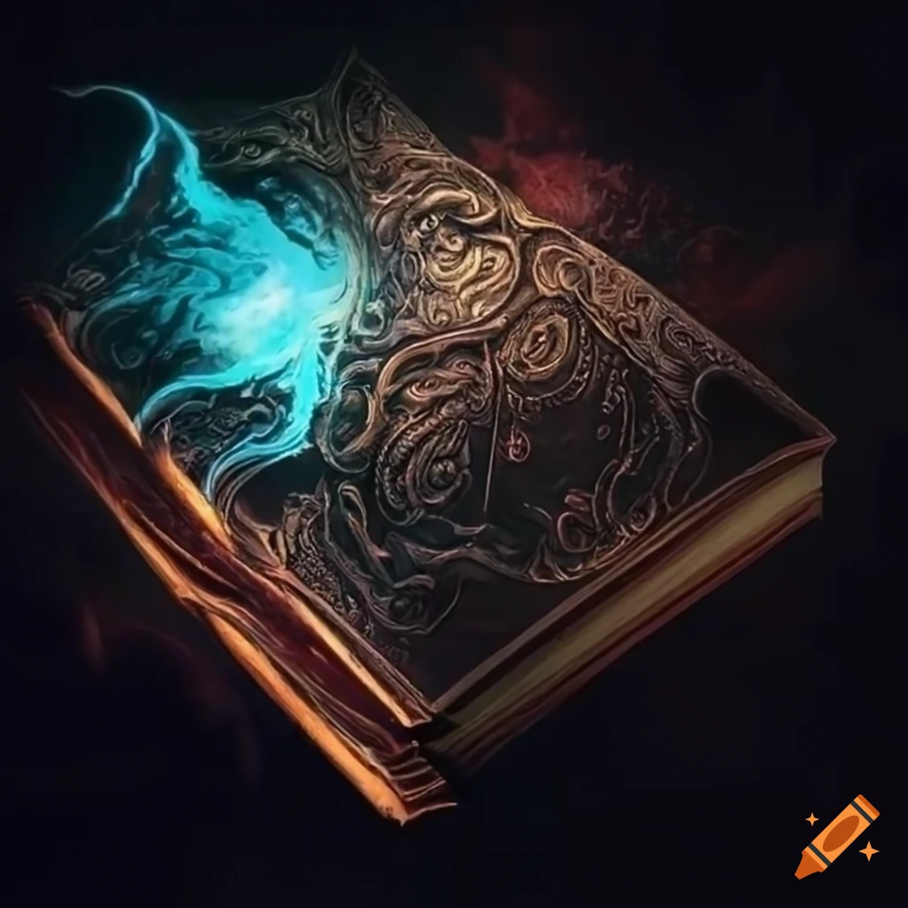 Fantasy magic tome book with white glow on black background on Craiyon