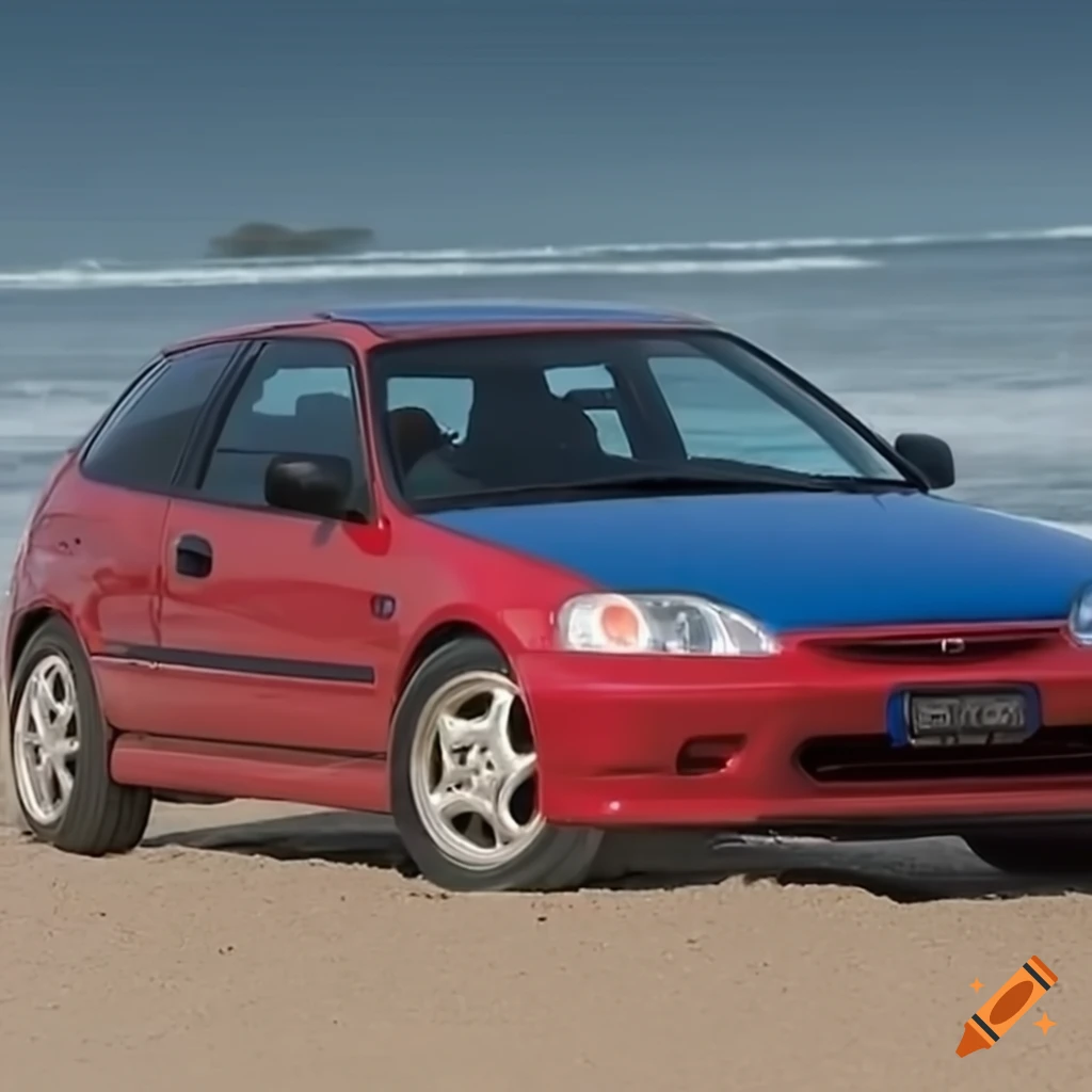 Red 1996 honda civic hatchback driving on maroubra beach on Craiyon