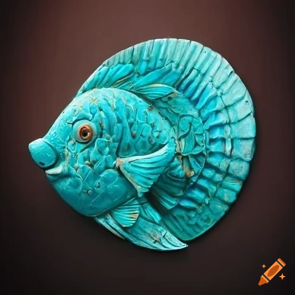 Turquoise fish frieze sculptures carved into wall on Craiyon