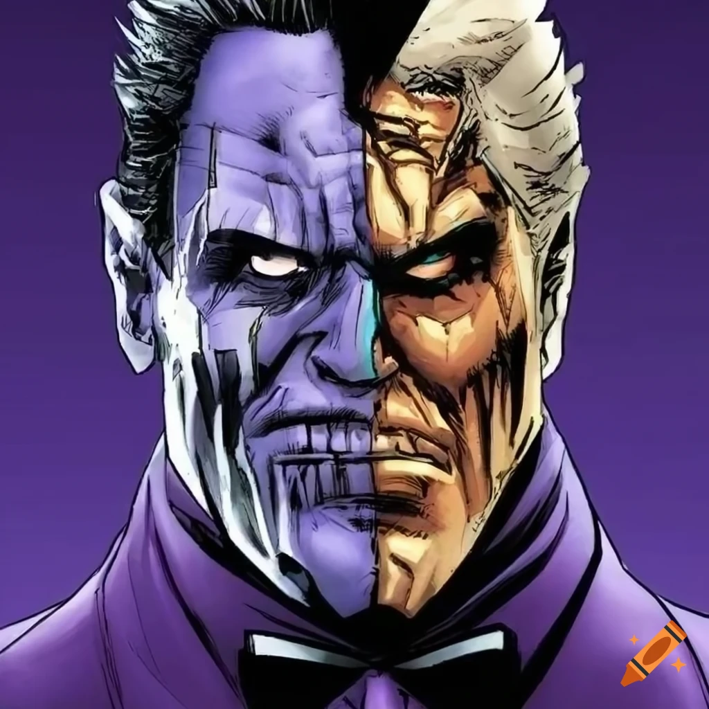 Two-face portrait with purple scar side in a fantasy style on Craiyon
