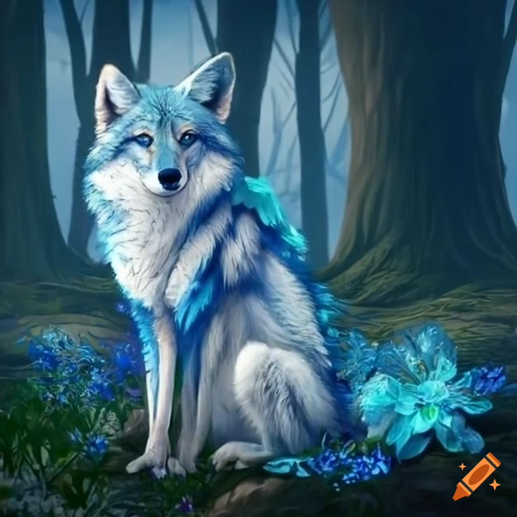 Blue and white coyote with wings wearing a blue flower crown in a ...
