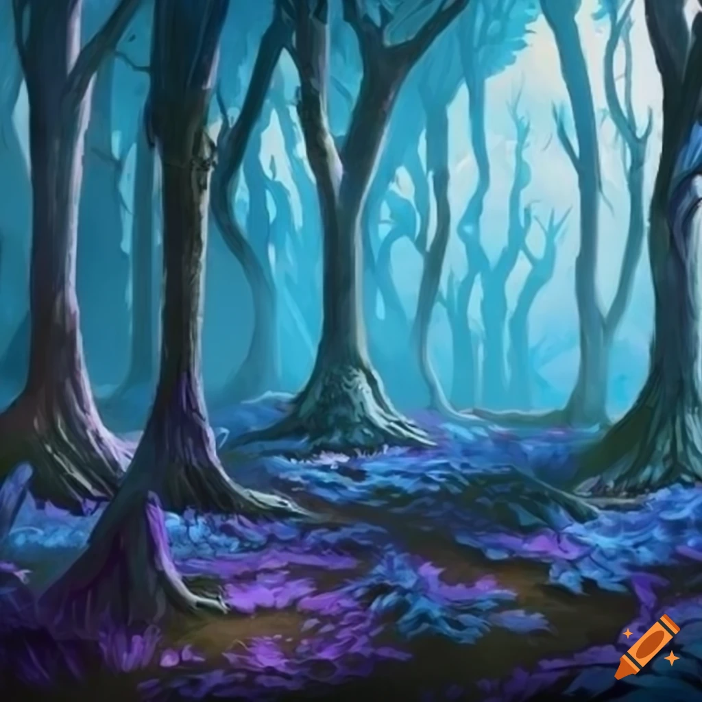 Dreamleaf forest with blue and purple leaves in mtg art style on Craiyon