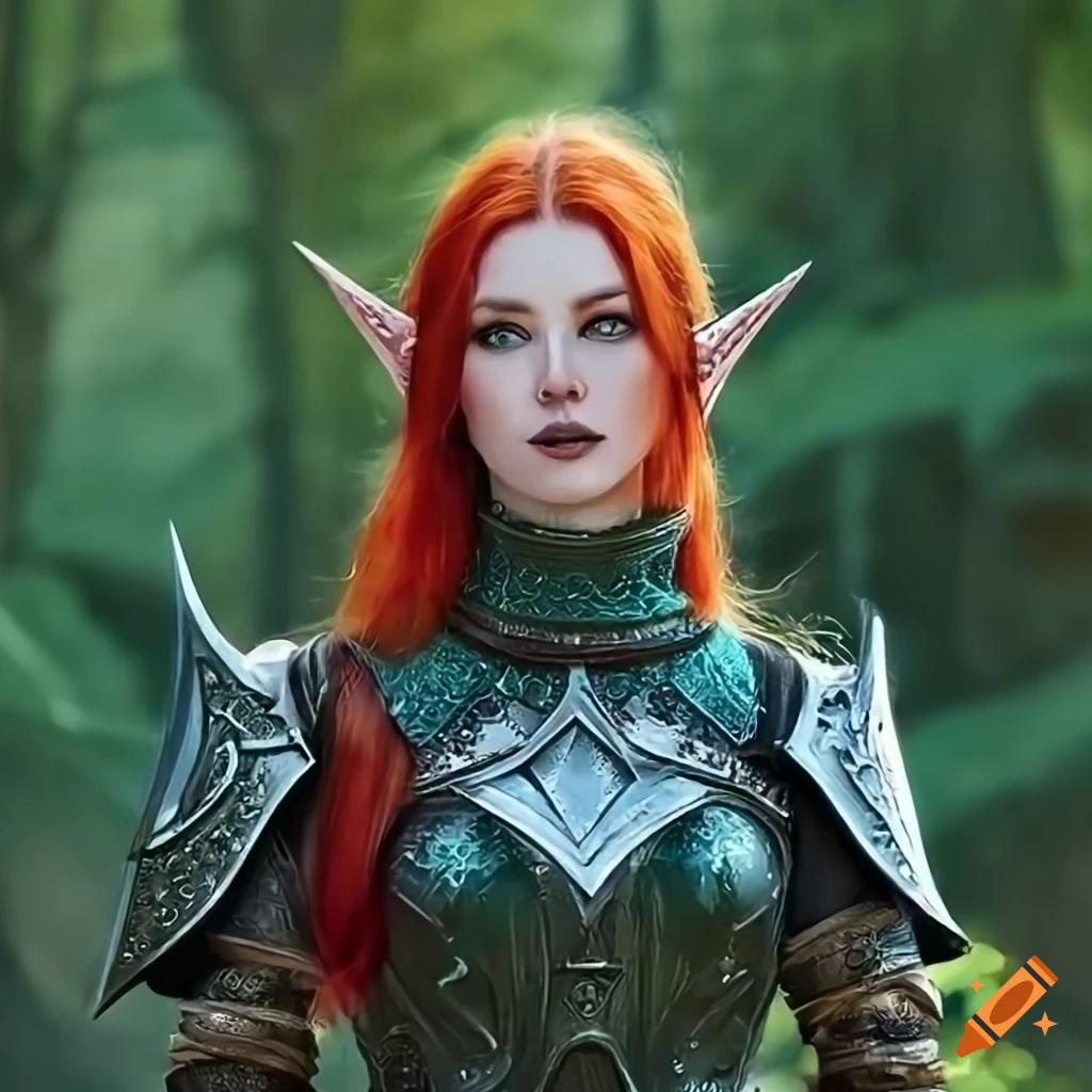 Stunning red-haired elf in armor with a short sword in a mystical landscape on Craiyon