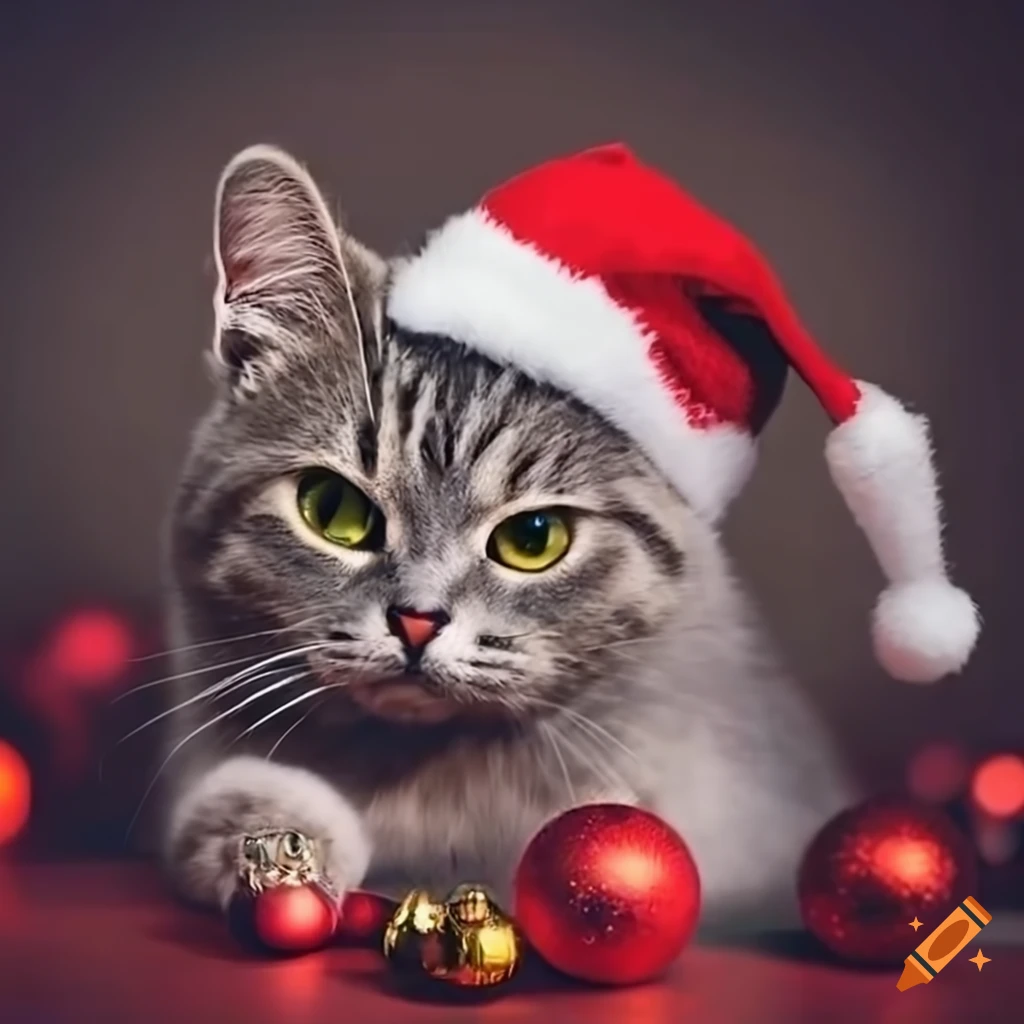Charming gray cat with santa hat among christmas decorations and tree ...