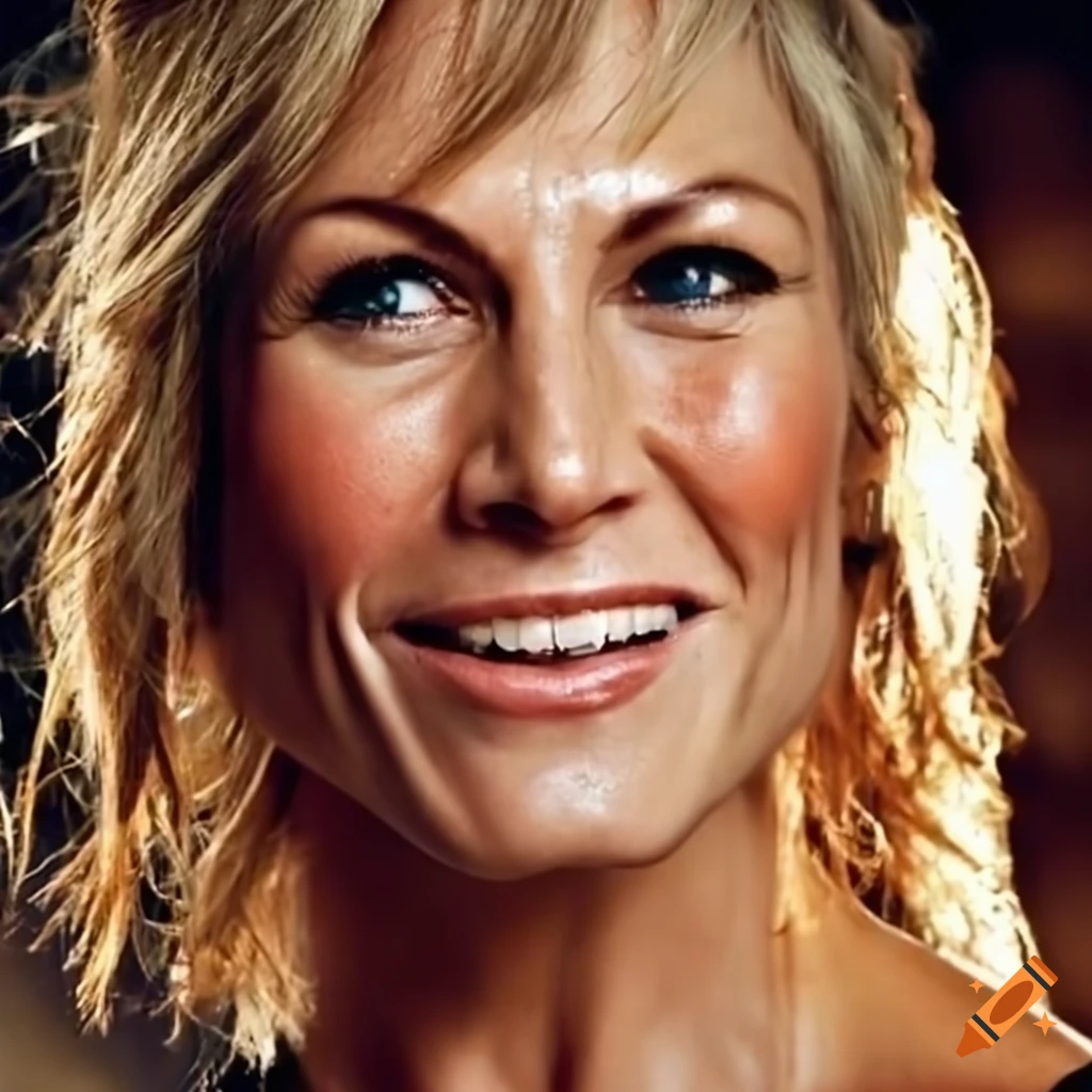 Actress/Bodybuilder Stacy Haiduk smiling and flexing on Craiyon