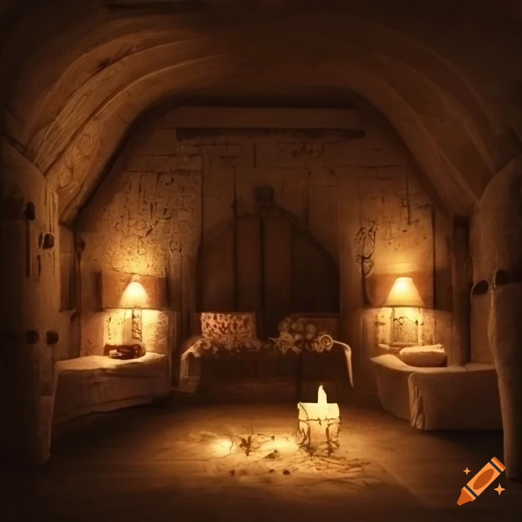 Medieval castle communal bedroom with hammocks and candlelight on Craiyon