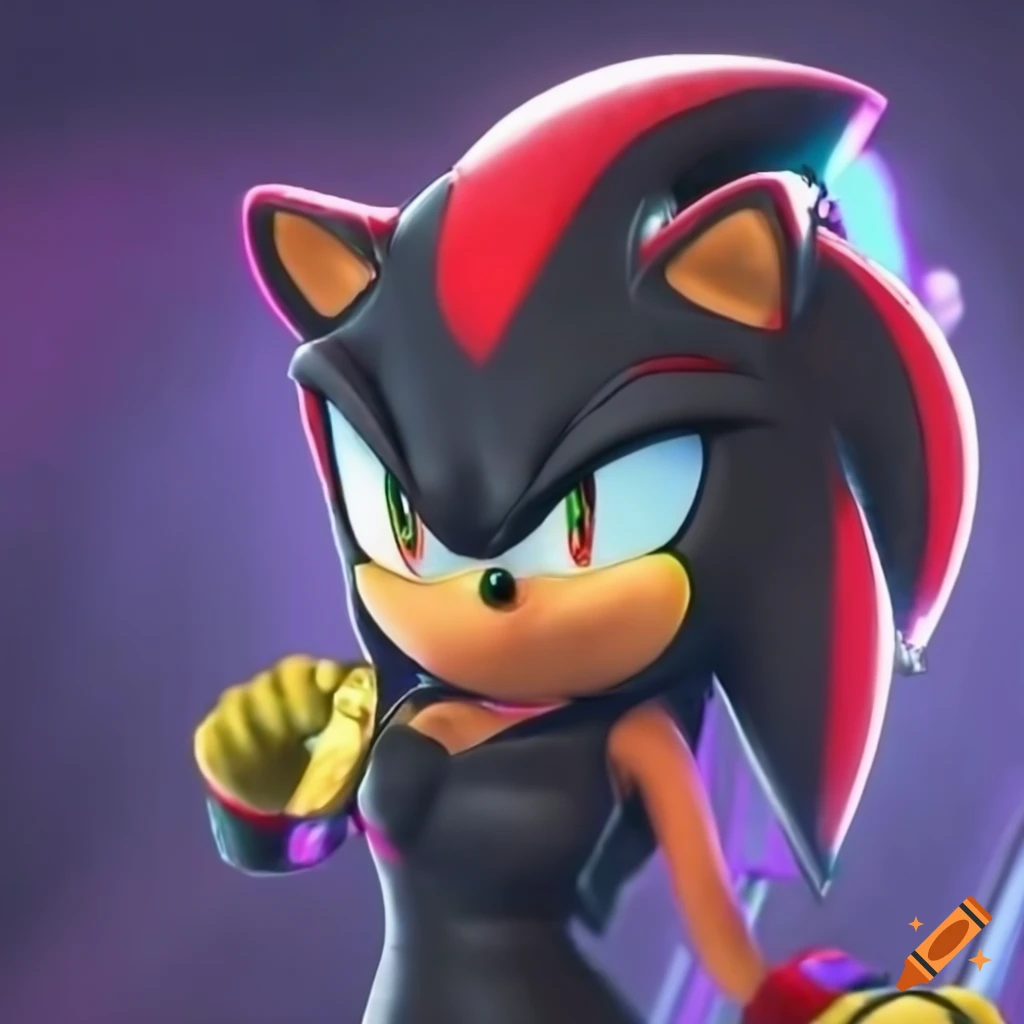 Female shadow the hedgehog in a stylish black dress looking at herself ...