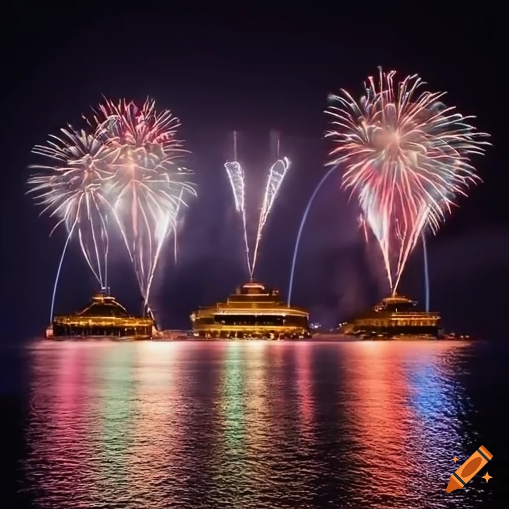 Cruise ship fireworks with laser lights in a city nightlife on Craiyon