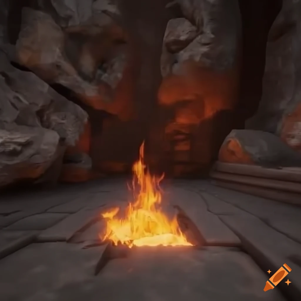 Fire flames burning on rock floor with grey wall in Unreal Engine 5 on ...