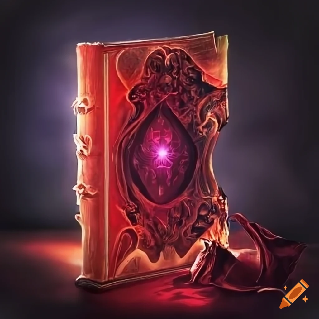 Fantasy magic tome book with red glow on black background on Craiyon