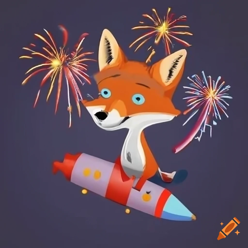 Fox riding a firework rocket on Craiyon