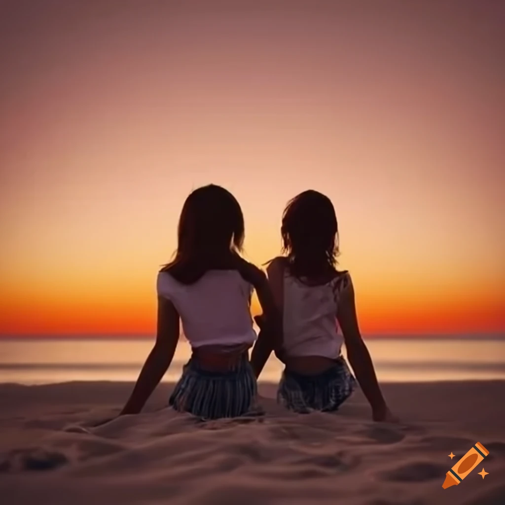Two girls watching the sunset on the beach on Craiyon