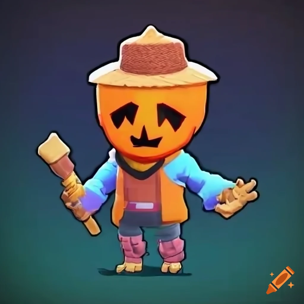 Brawl Stars scarecrow character with straw hat and pumpkin head on Craiyon