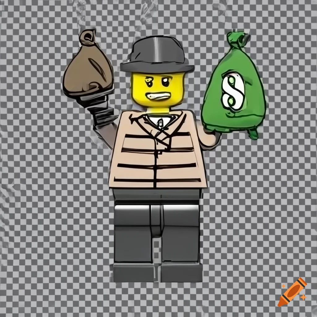 Lego character dressed as a thief holding money bag in comic book style ...