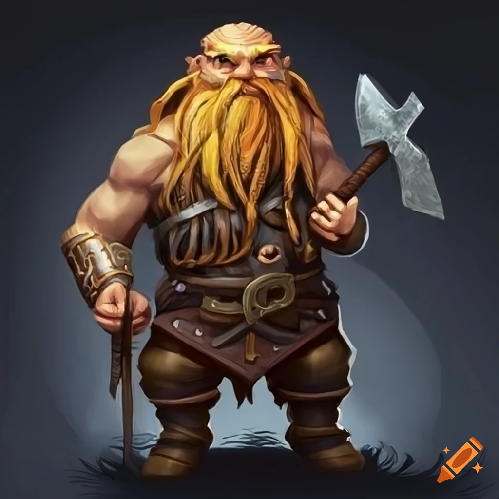 Dwarf with red braided beard holding a battle axe in a character ...