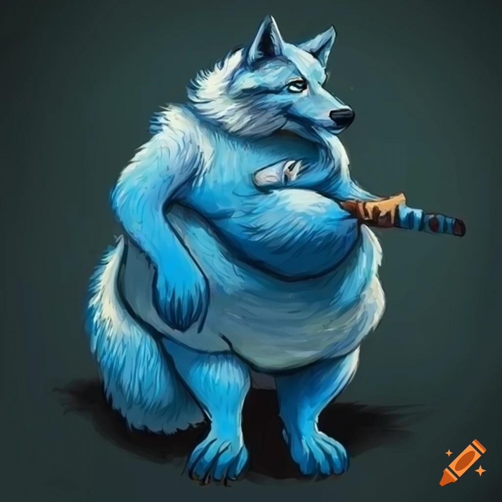Blue fat wolf with a rounded belly in furry art style on Craiyon