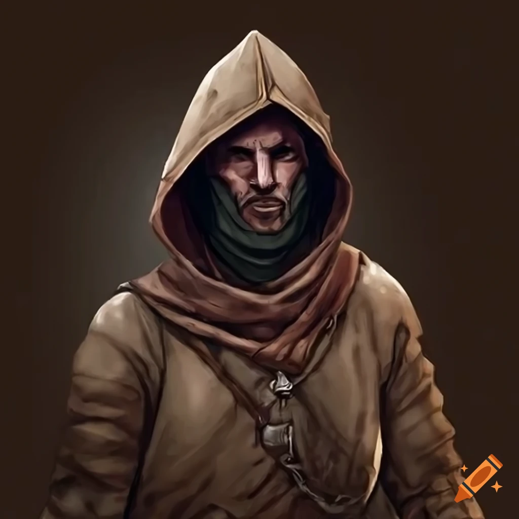 Hooded man in a medieval bandit RPG on Craiyon