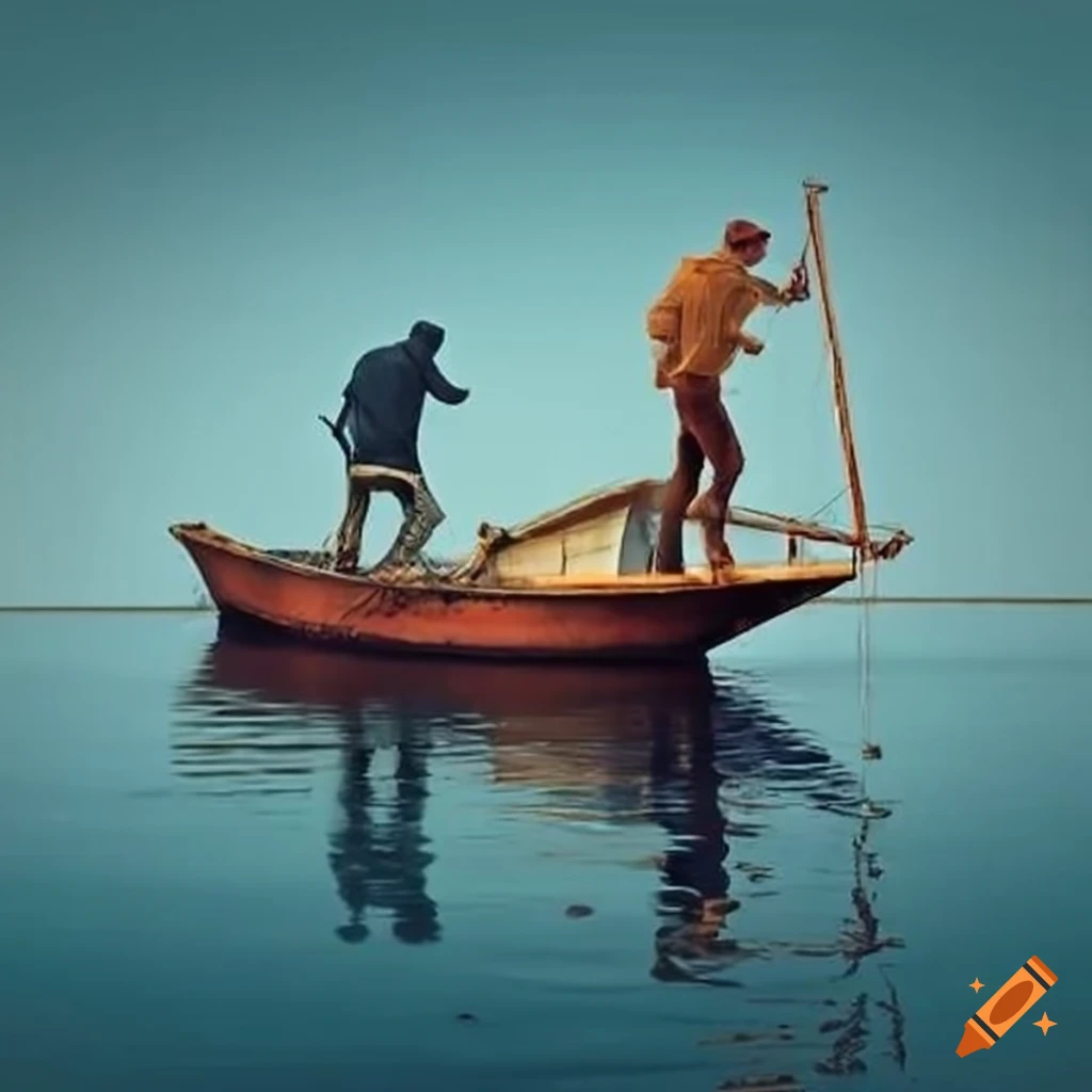 Two men leaving port in a small ship on Craiyon