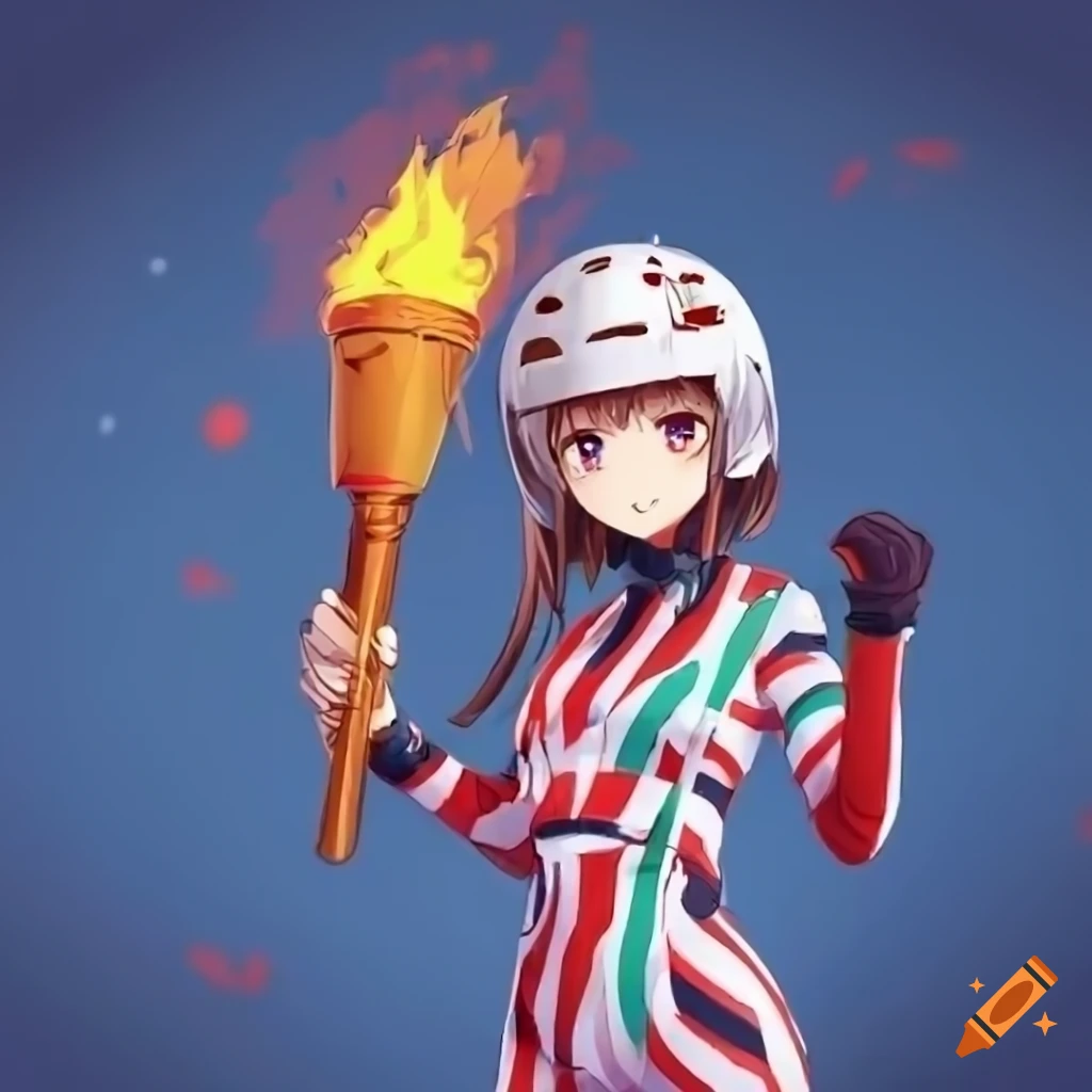 Sporty anime girl with long-sleeved outfit holding the Olympic torch on ...