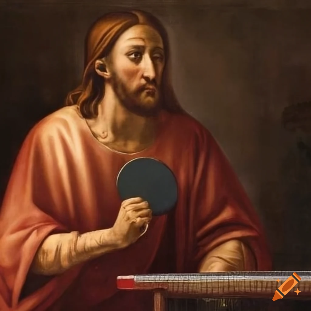 Mural of Jesus Christ playing table tennis with disciples in a ...