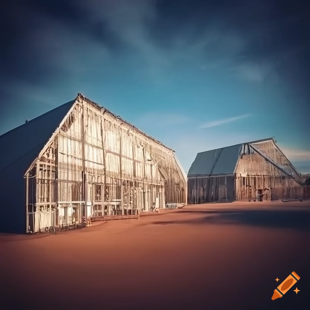 Sunny desert with a huge translucent structure and people walking on Craiyon