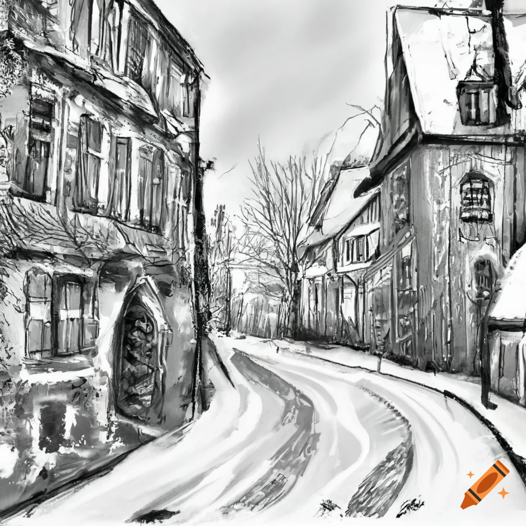 Winter street with some snow featuring old houses and street lamps on ...