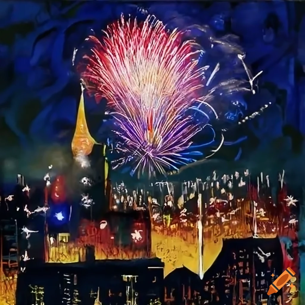 Colorful new year's firework over a unique city, illustrated by banksy ...
