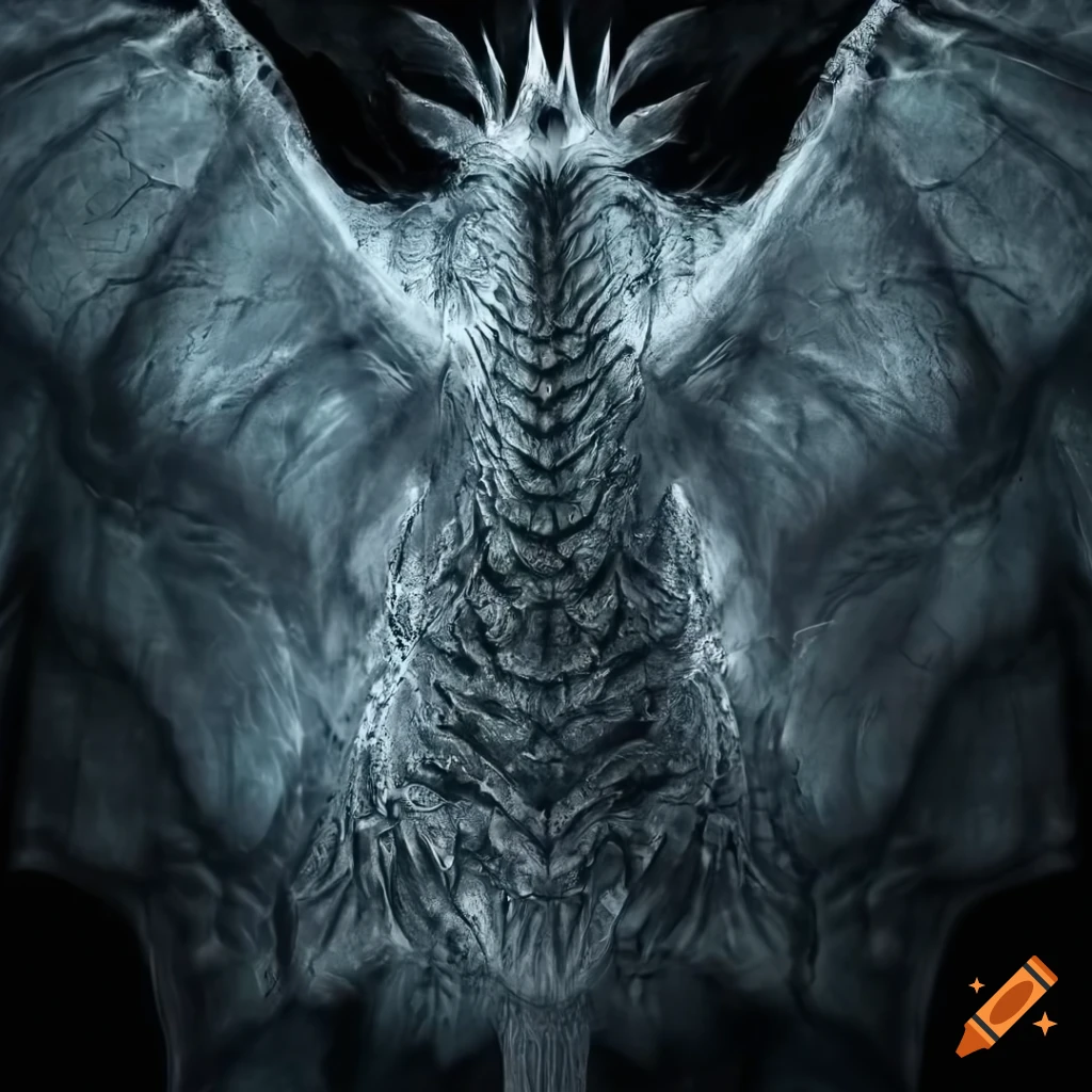 Symmetrical close up of a detailed white dragon on black background on ...